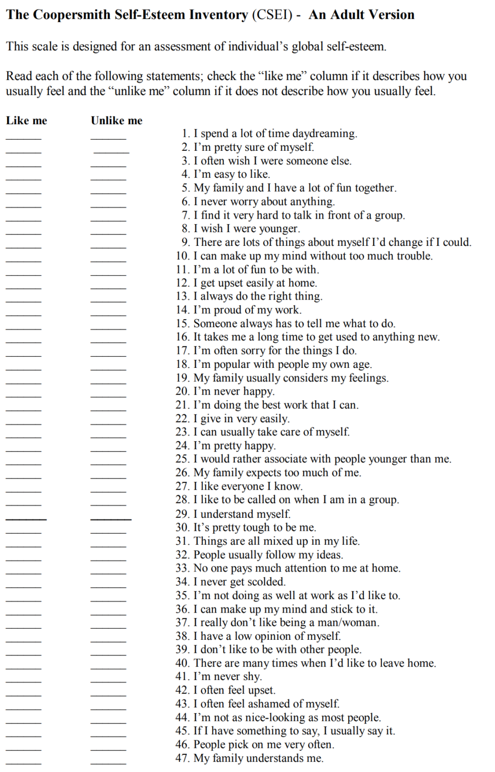 Coopersmith's Self-Esteem Inventory: A Modern Take - Self-Esteem Generator